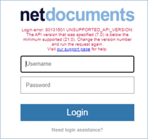 Login error: 80131501 UNSUPPORTED_API_VERSION