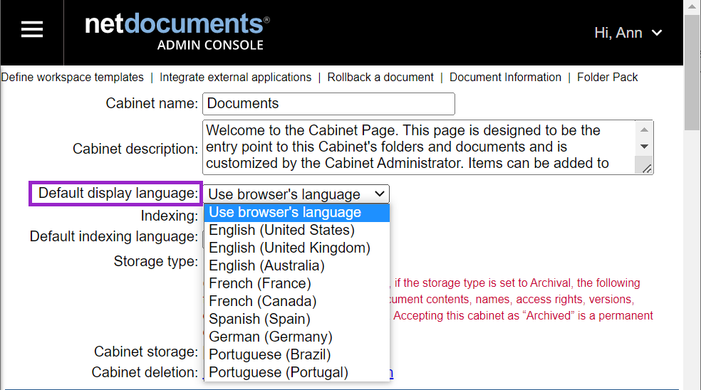 New Language Setting Available in Cabinet Administration Page