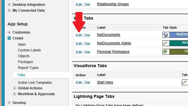 Editing the NetDocuments" tab in Salesforce to display the full interface"
