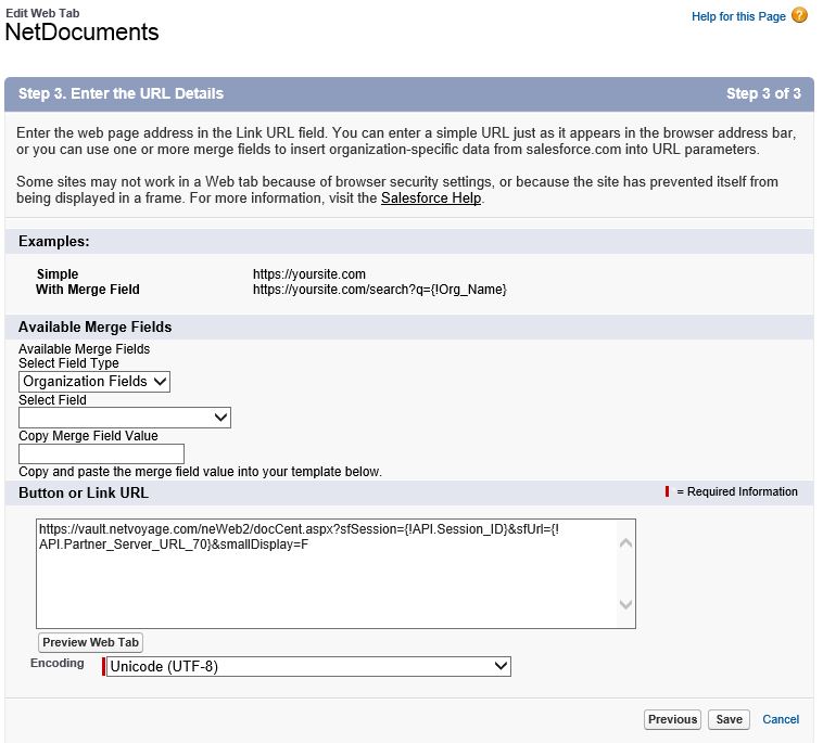 Editing the NetDocuments" tab in Salesforce to display the full interface"