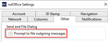 The Prompt to file outgoing messages check box is disabled