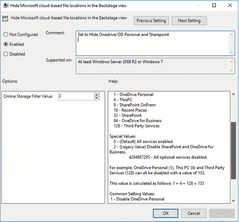 Hiding Cloud and Local storage in Microsoft Office Applications Using GPO