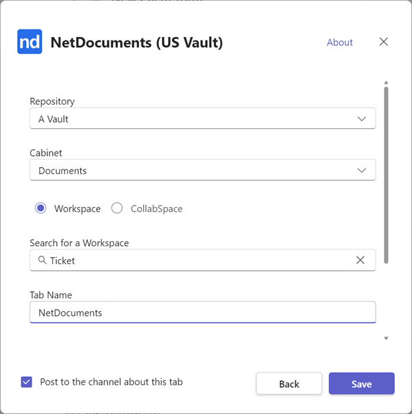 Configuring the Chatlink NetDocuments Tab After Adding the App to Your Team