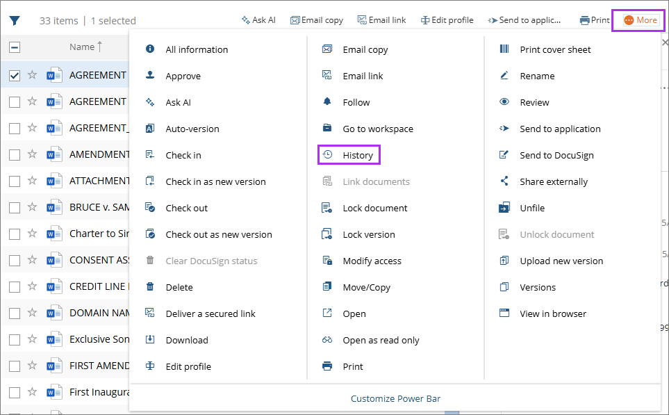 History of Documents and Folders